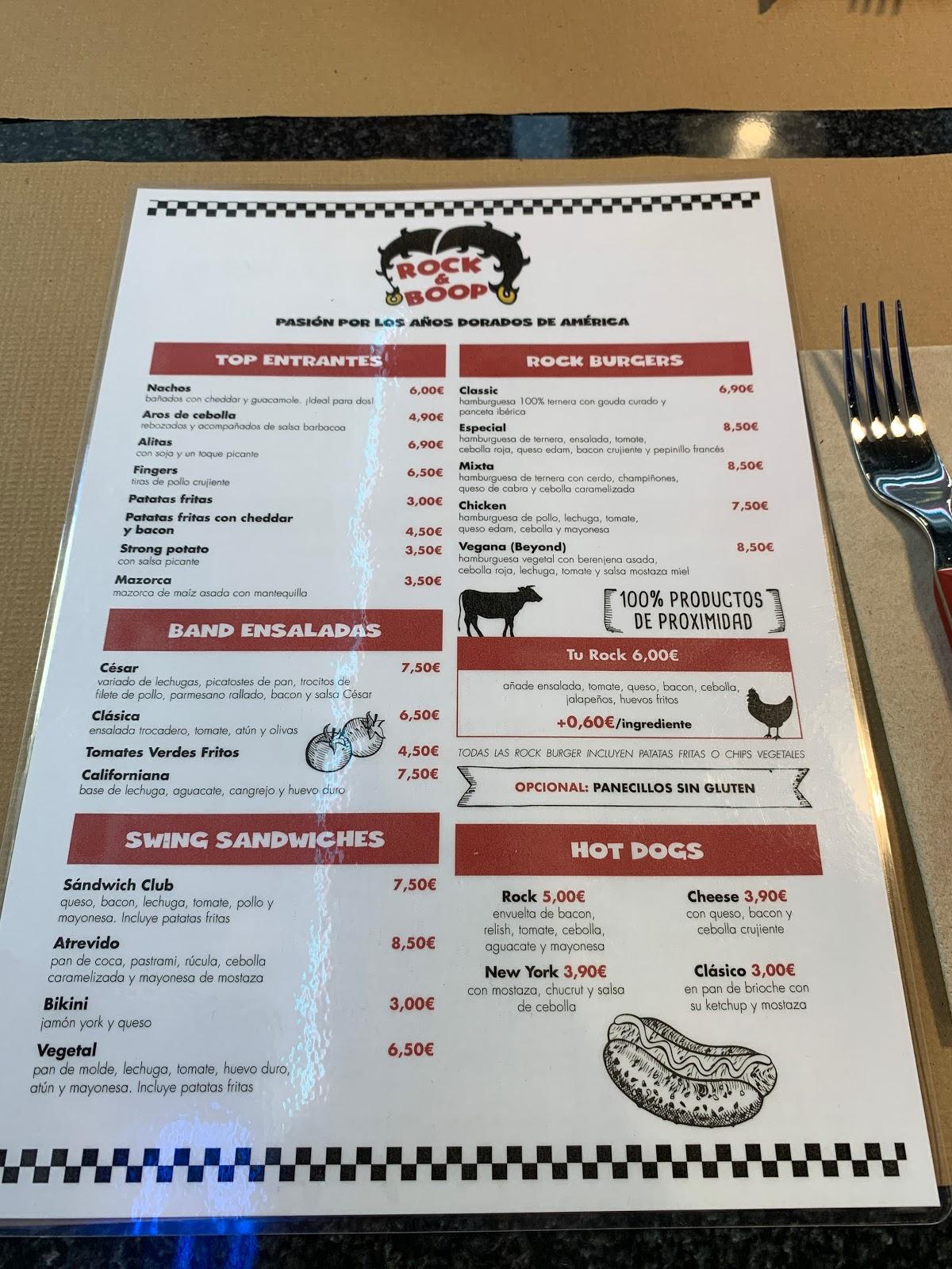 Carta del restaurante Rock & Boom, Barcelona