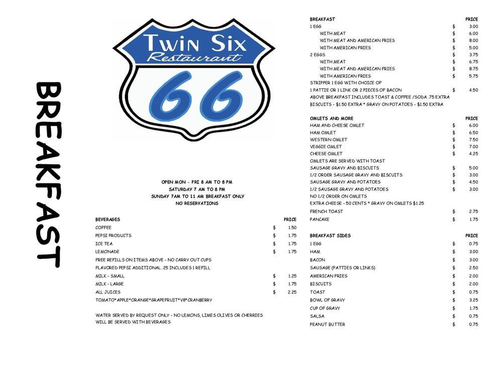 Menu at Twin Six Restaurant, Wolcottville