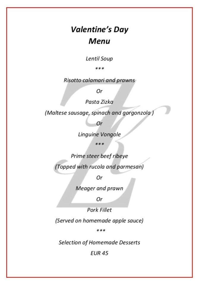 Menu at Zizka restaurant, Valletta, 42a West Street