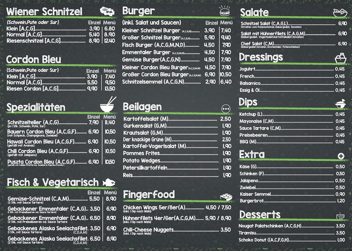 Menu at Mein Schnitzel restaurant, Wiener Neustadt