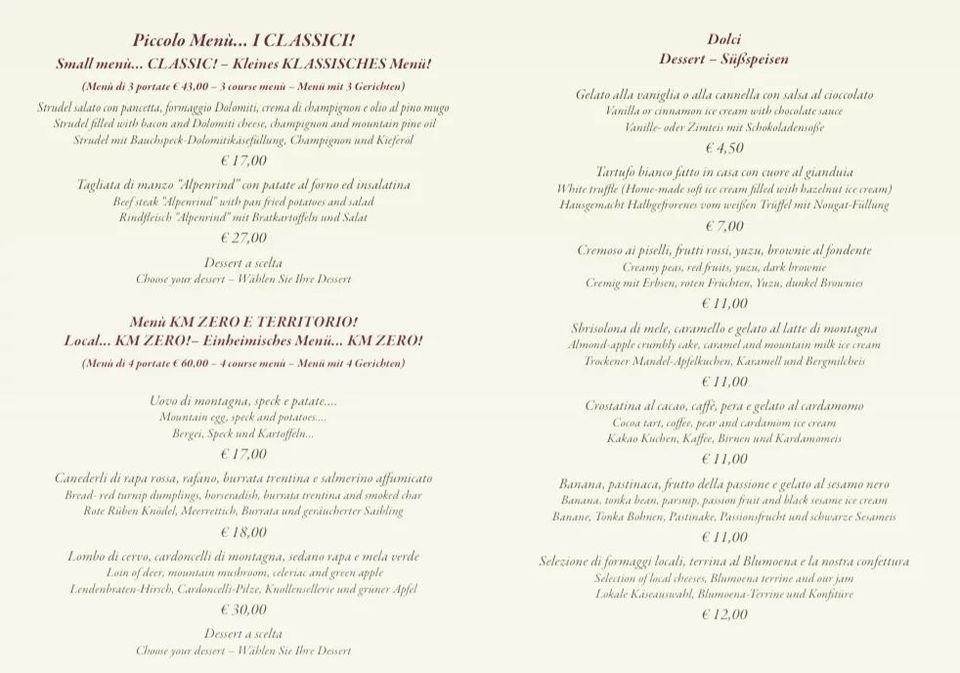 Menu da El Filò ristorante, Pozza di Fassa