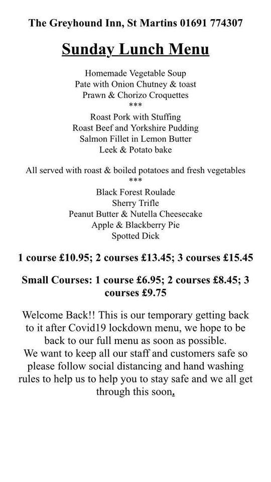 Menu at Greyhound Inn restaurant, Saint Martin's