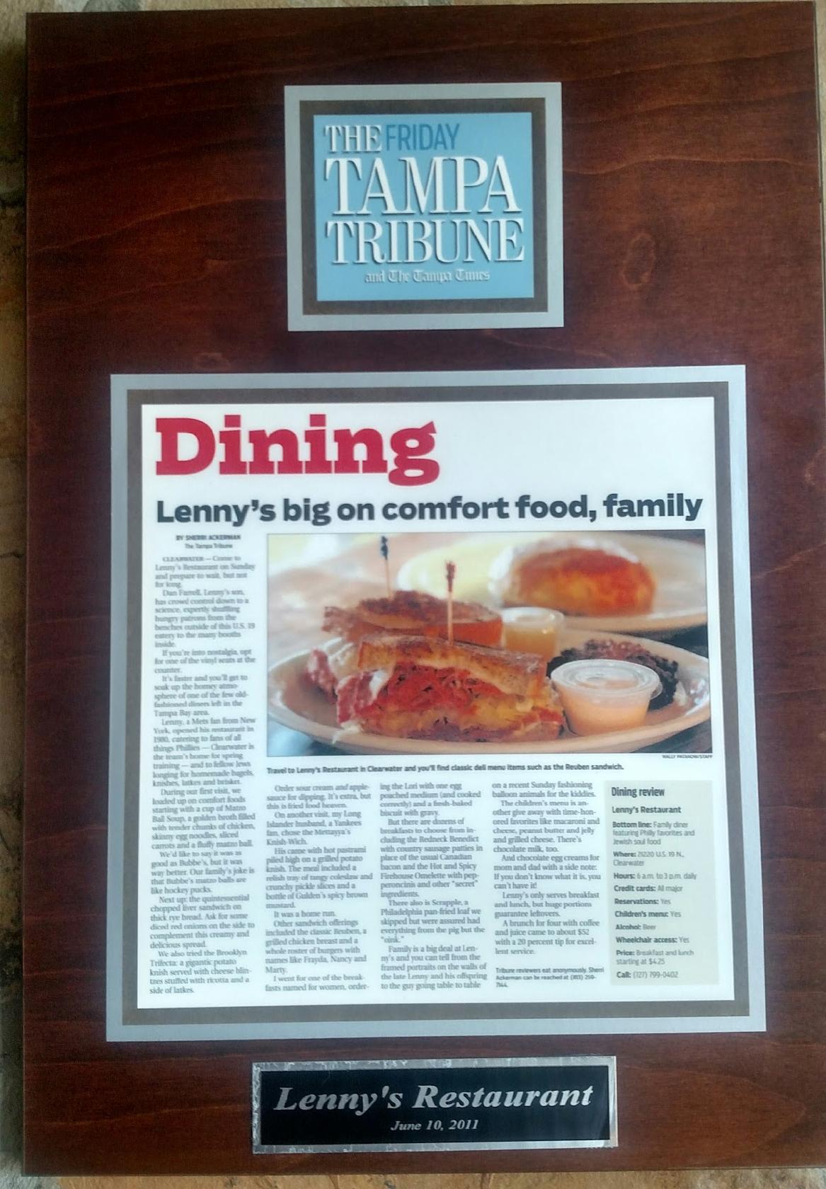 Menu at Lenny’s Restaurant, Clearwater