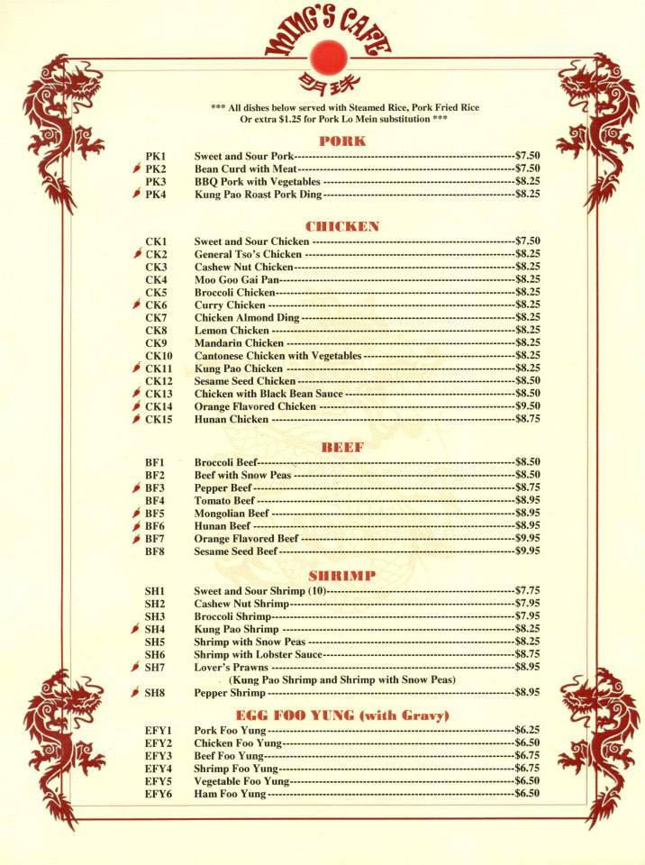 Menu at Ming's Cafe, Pocatello