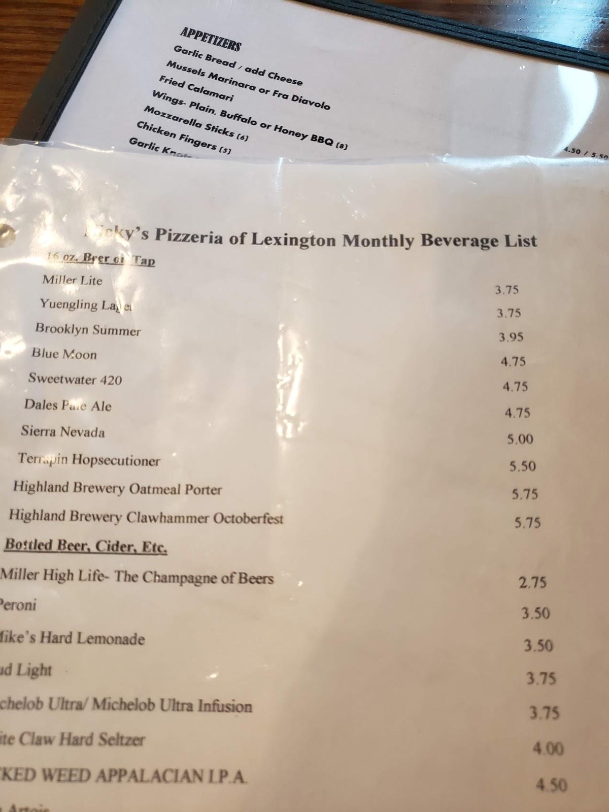 Menu at Nicky's Pizzeria, Lexington