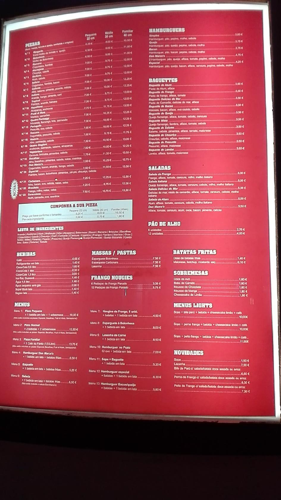 Carta de Pizzaria Don Marcos, Sines