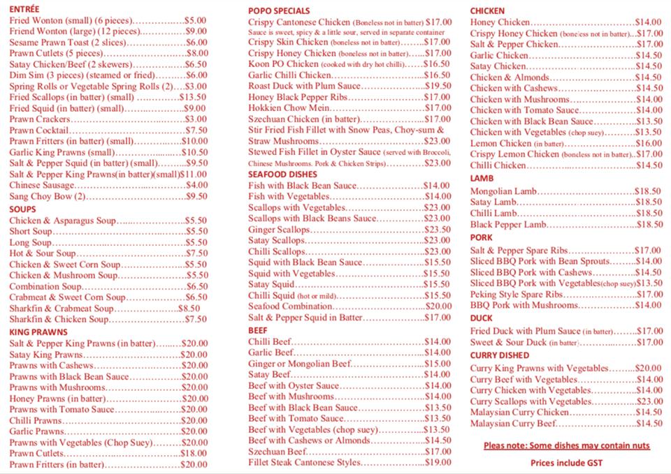 Menu at Popo Chinese Restaurant, Bellevue, 1/57 Great Eastern Hwy