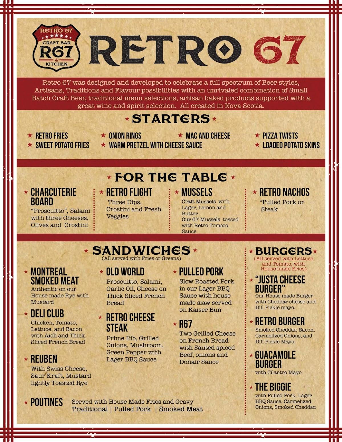Menu at Retro 67 Craft Bar and Kitchen, Sydney, 45 Keltic Dr