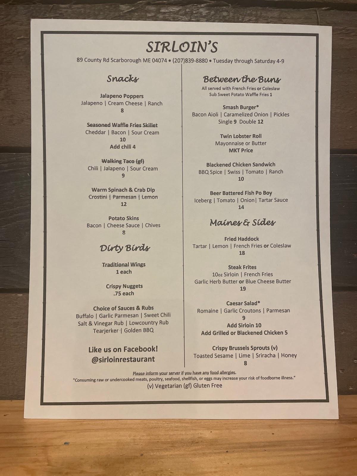Menu at Sirloin's Restaurant & Bar, Scarborough