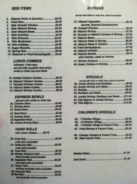 Menu at Tokyo Express restaurant, Sanford
