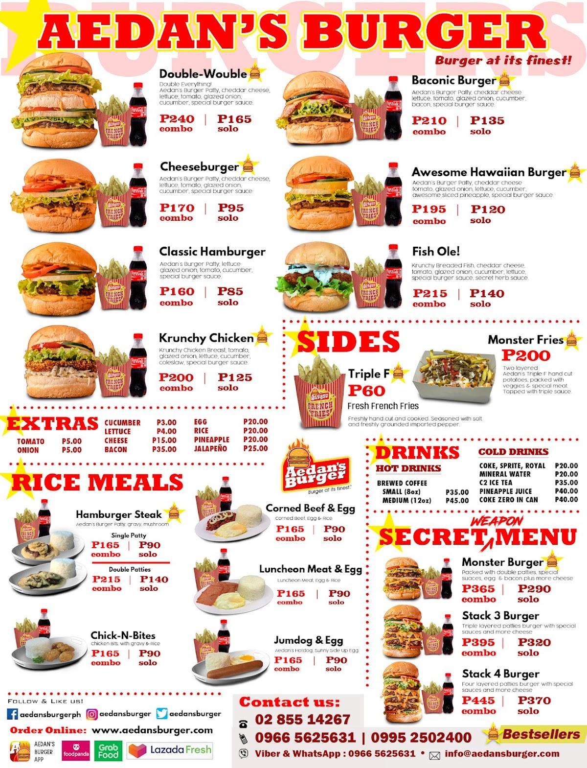 Menu at Aedan's Burger restaurant, Pasig, Pearl Dr