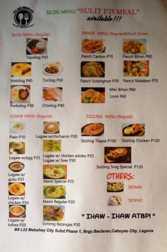Menu at ALL DAY BREAKFAST SILOG MEALS restaurant, Cabuyao