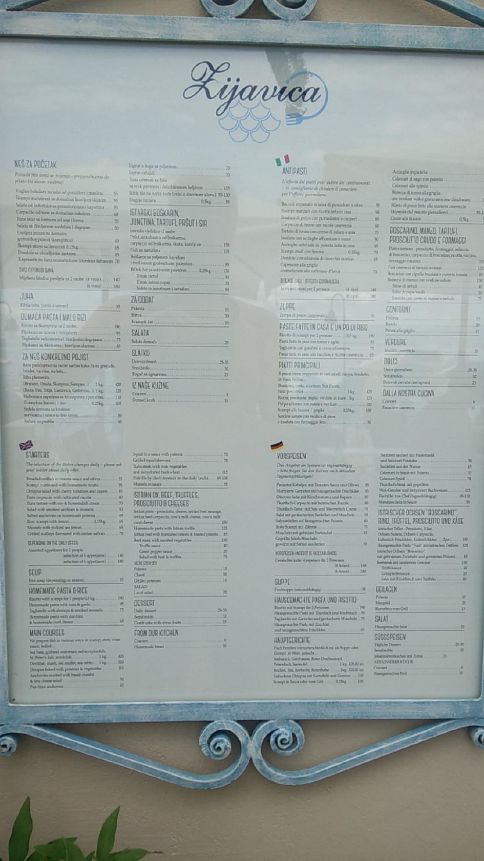 Menu at Konoba Zijavica restaurant, Mošćenička Draga