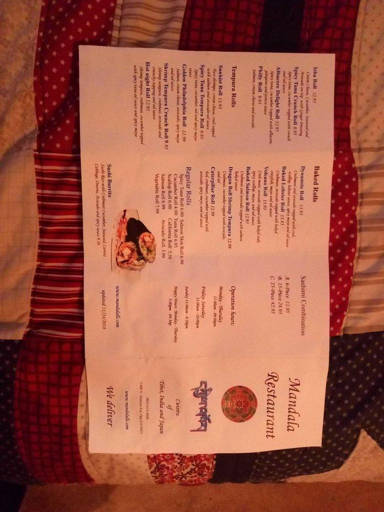 Menu at Mandala Restaurant - Tibetan, Japanese and Indian, Ojai