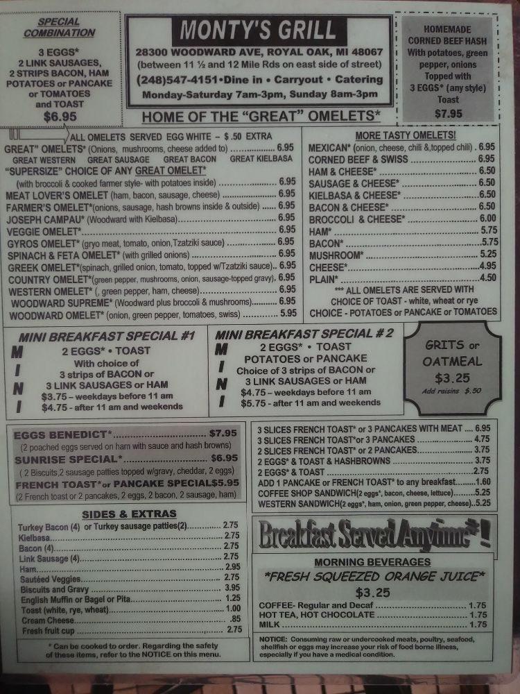 Menu at Monty's Grill restaurant, Royal Oak