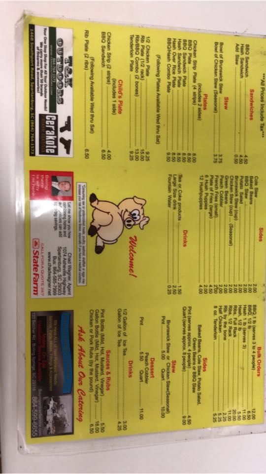 Menu at Pig Out BBQ #2, USA, Drayton Rd