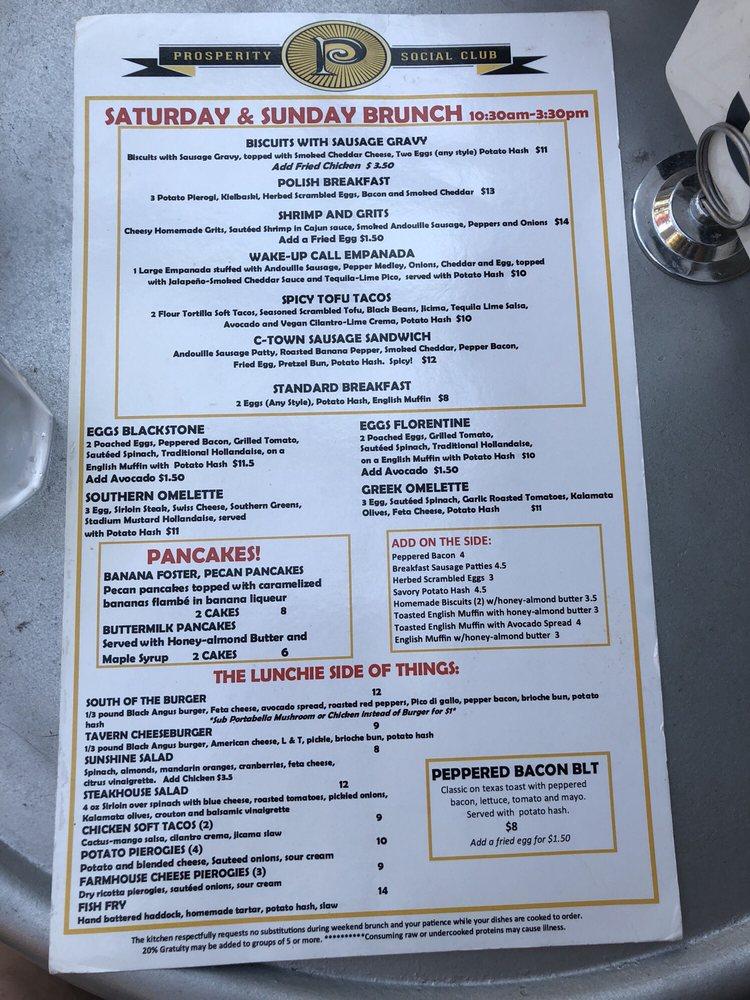 Menu at Prosperity Social Club, Cleveland, Starkweather Ave