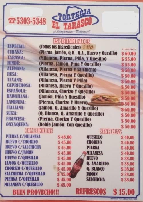 Menu at Torteria El Tarasco II restaurant, Tlalnepantla de Baz