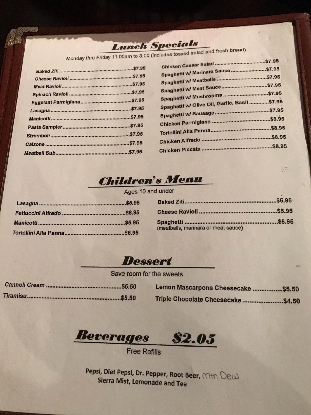 Menu at Venezia Italian Restaurant, Taylorville