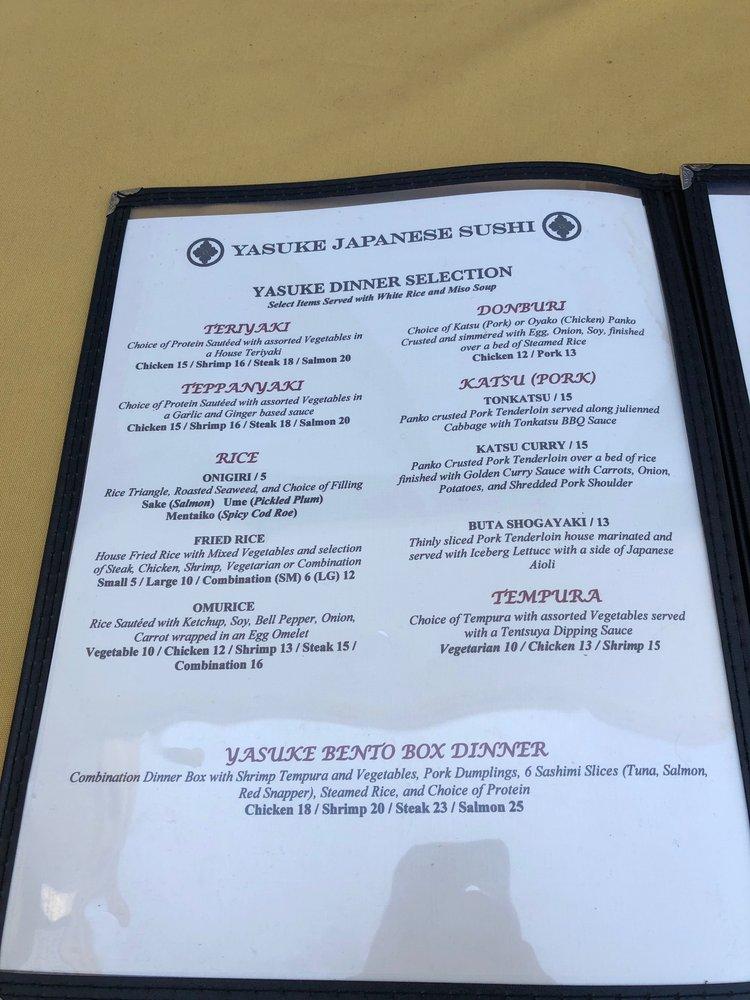 Menu at Yasuke Japanese Sushi restaurant, McAllen