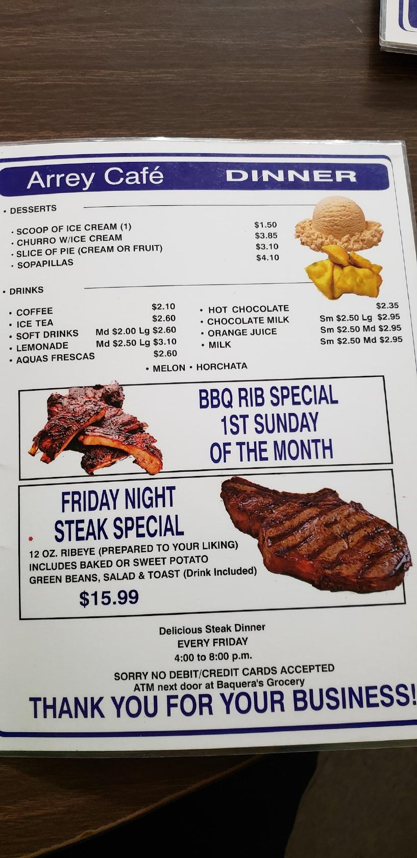 Menu at Arrey Cafe, Arrey, NM-187