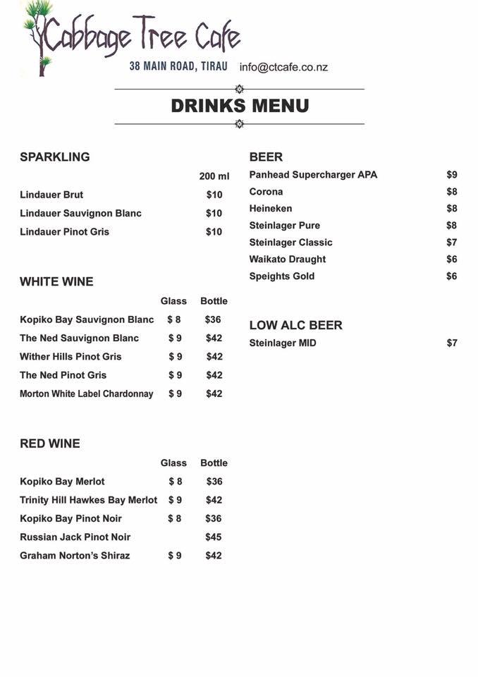 Menu at Cabbage Tree Cafe, Tirau