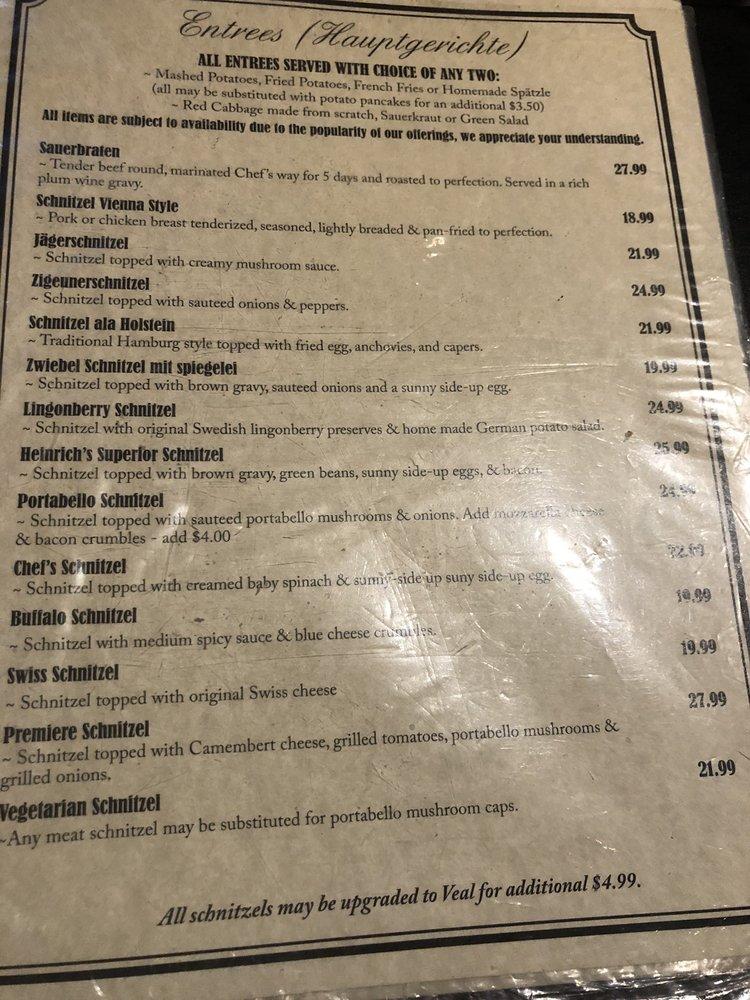Menu at Heinrich's German Grill pub & bar, Sarasota
