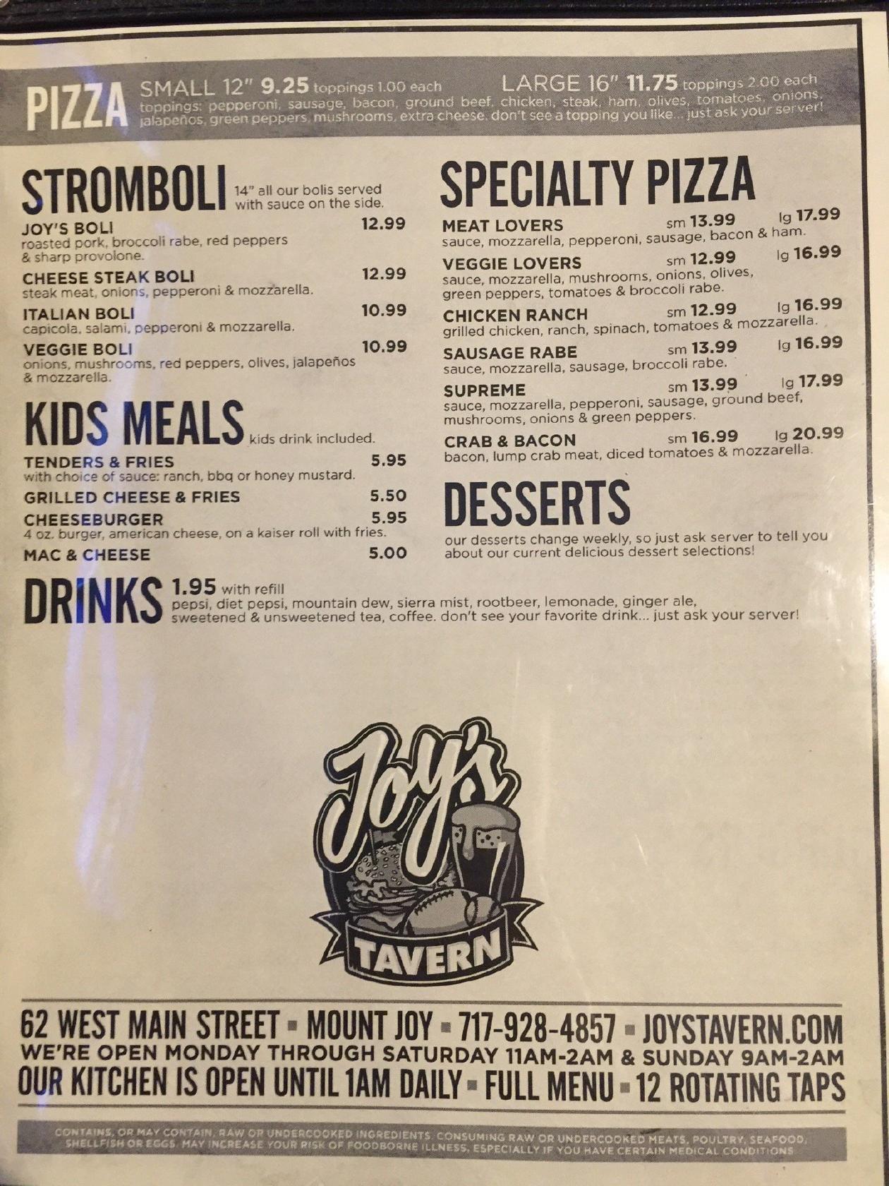 Menu at Joy's Tavern pub & bar, Mount Joy, 62 W Main St