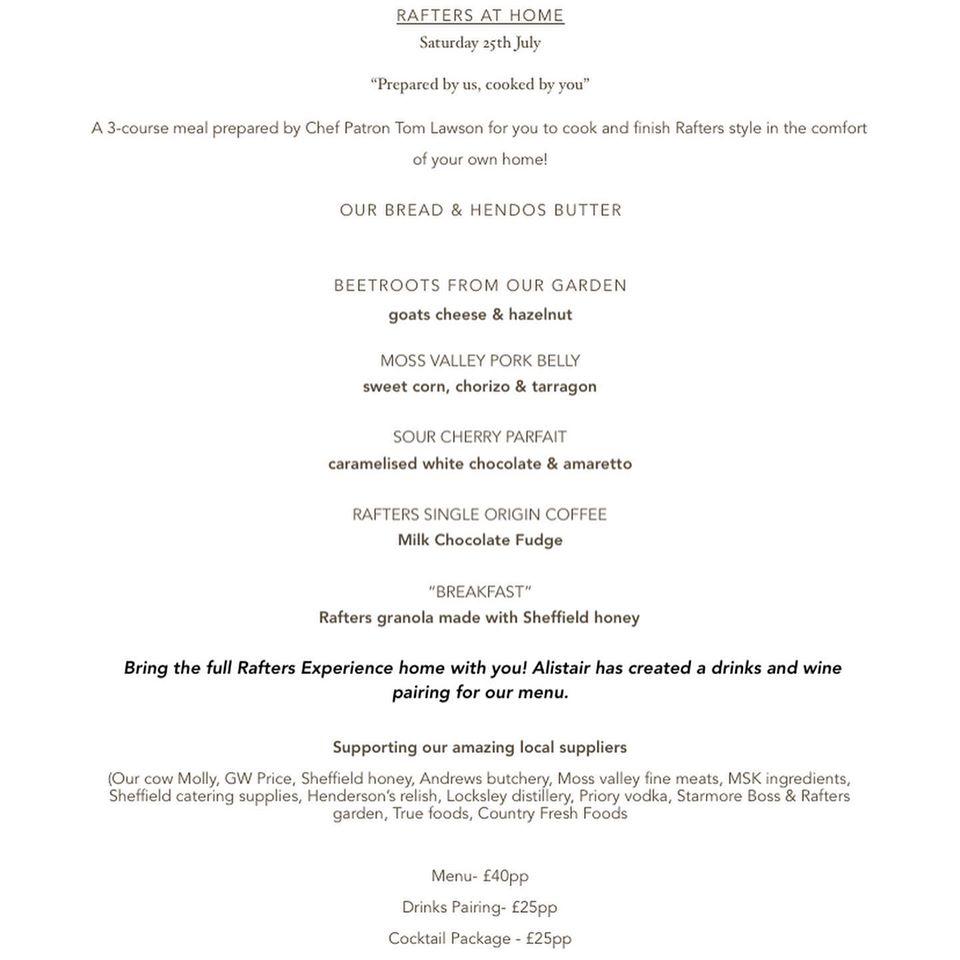 Menu at Rafters Restaurant, Sheffield