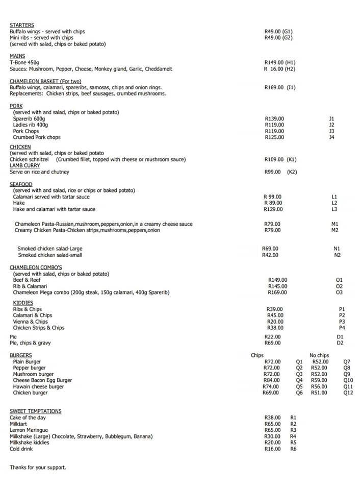 Menu at Chameleon Coffee Shop & Restaurant, Kirkwood