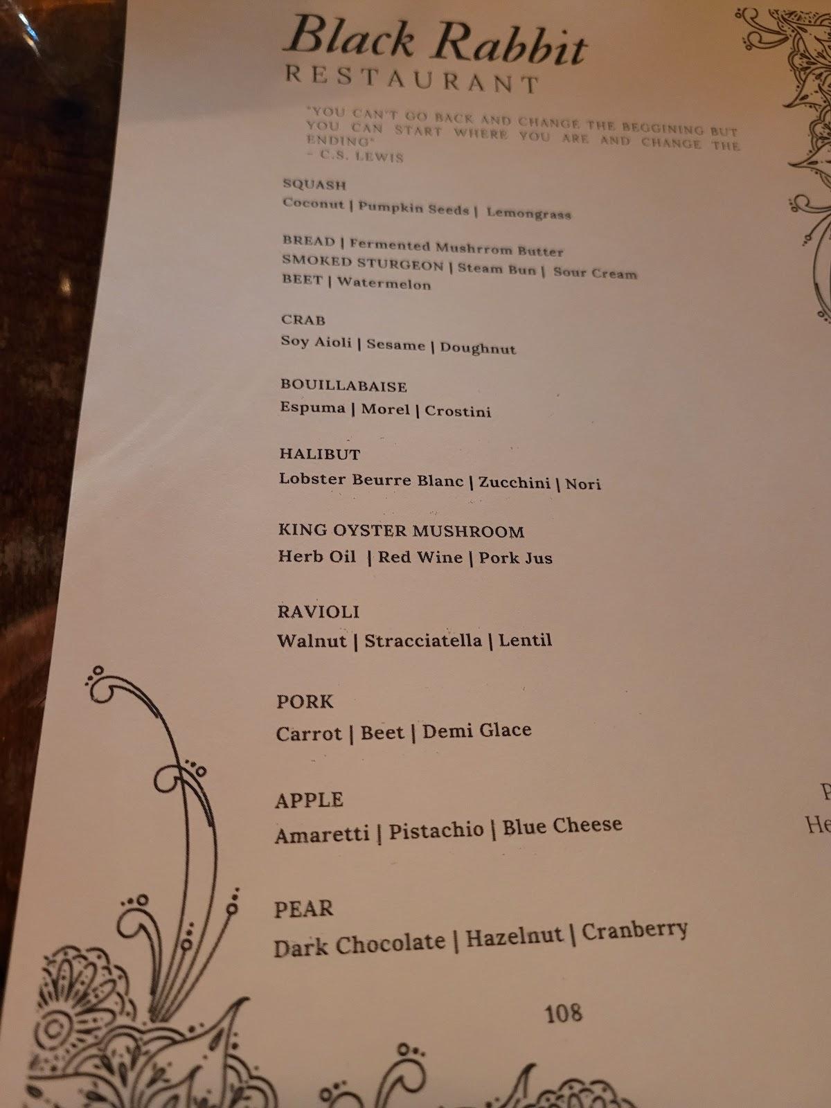 Menu at Black Rabbit restaurant, Moncton