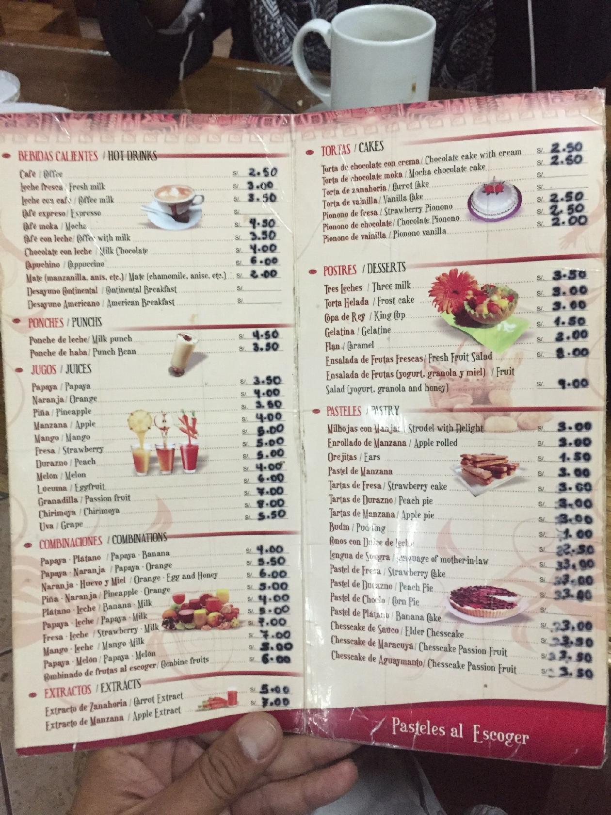 Menu at Cafe, pasteleria y panaderia "San Pedro", Cusco