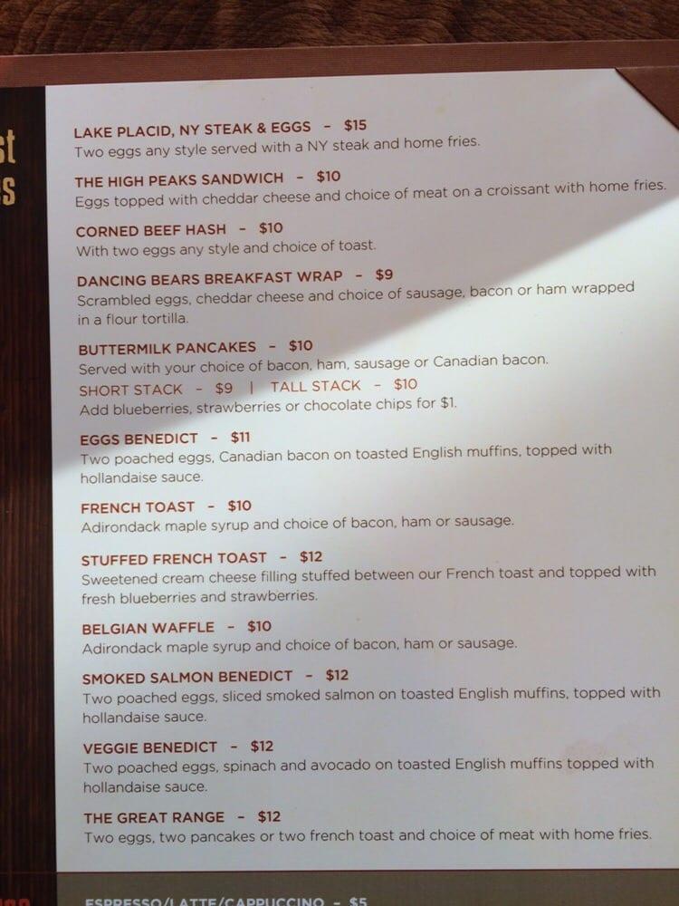 Menu at Dancing Bears Restaurant, Lake Placid, Main St