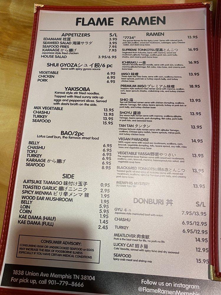 Menu at FLAME RAMEN restaurant, Memphis, Union Ave