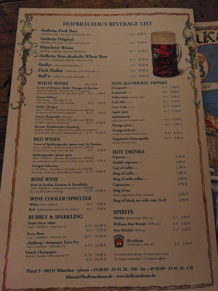 Speisekarte von Hofbräuhaus restaurant, München, Platzl 9