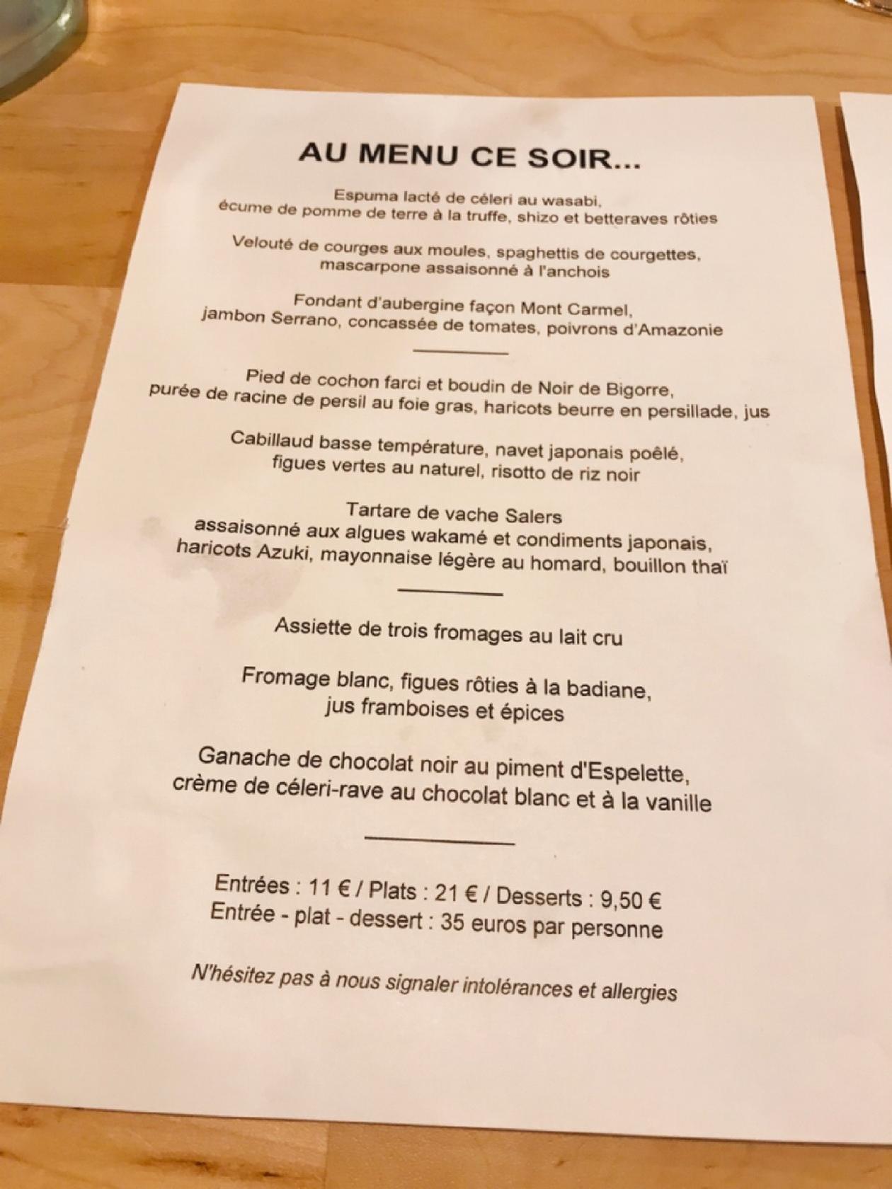 Menu at Le Ciel pub & bar, Paris