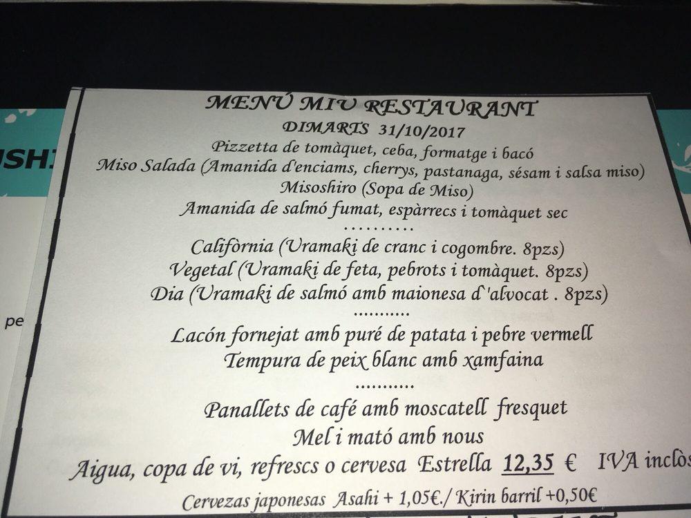 Menu at Miu restaurant, Barcelona
