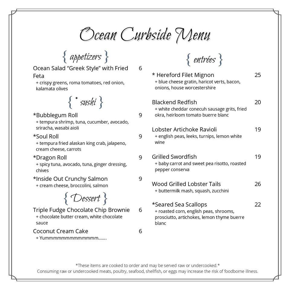 Menu at Ocean Restaurant, Birmingham