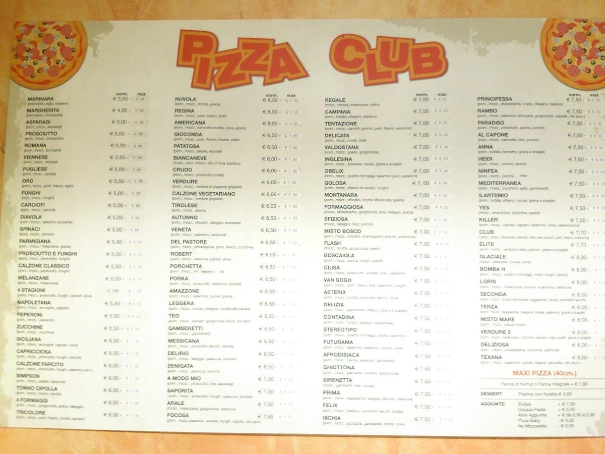 Menu da PIZZACLUB pizza da asporto, Vedelago