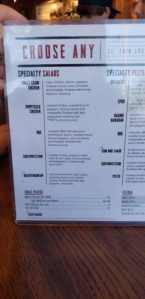 Menu at PYRO'S Fire Fresh Pizza pizzeria, Memphis, Union Ave