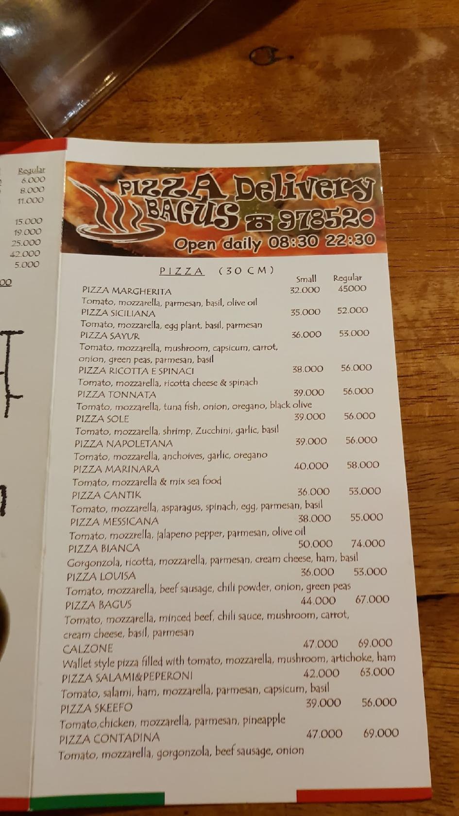 Menu at Pizza Bagus restaurant, Ubud