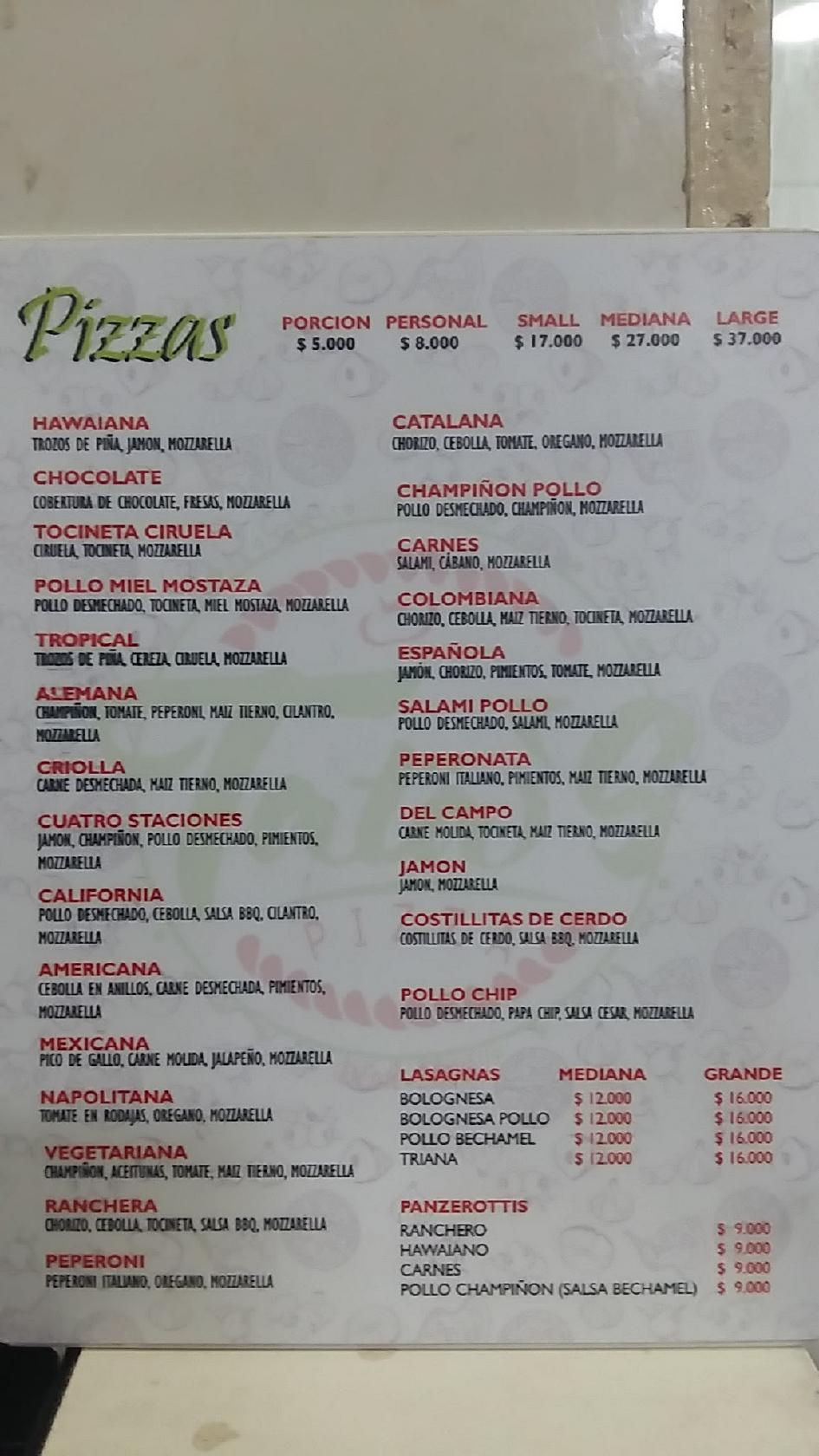 Carta del restaurante Tata's Pizza, Bogotá, Cl. 8 Sur #69 D - 59