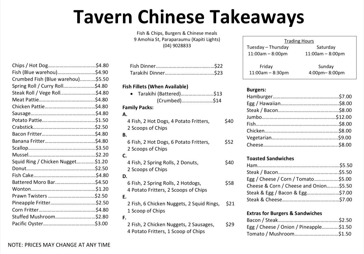 Menu at Tavern Takeaways fast food, Paraparaumu