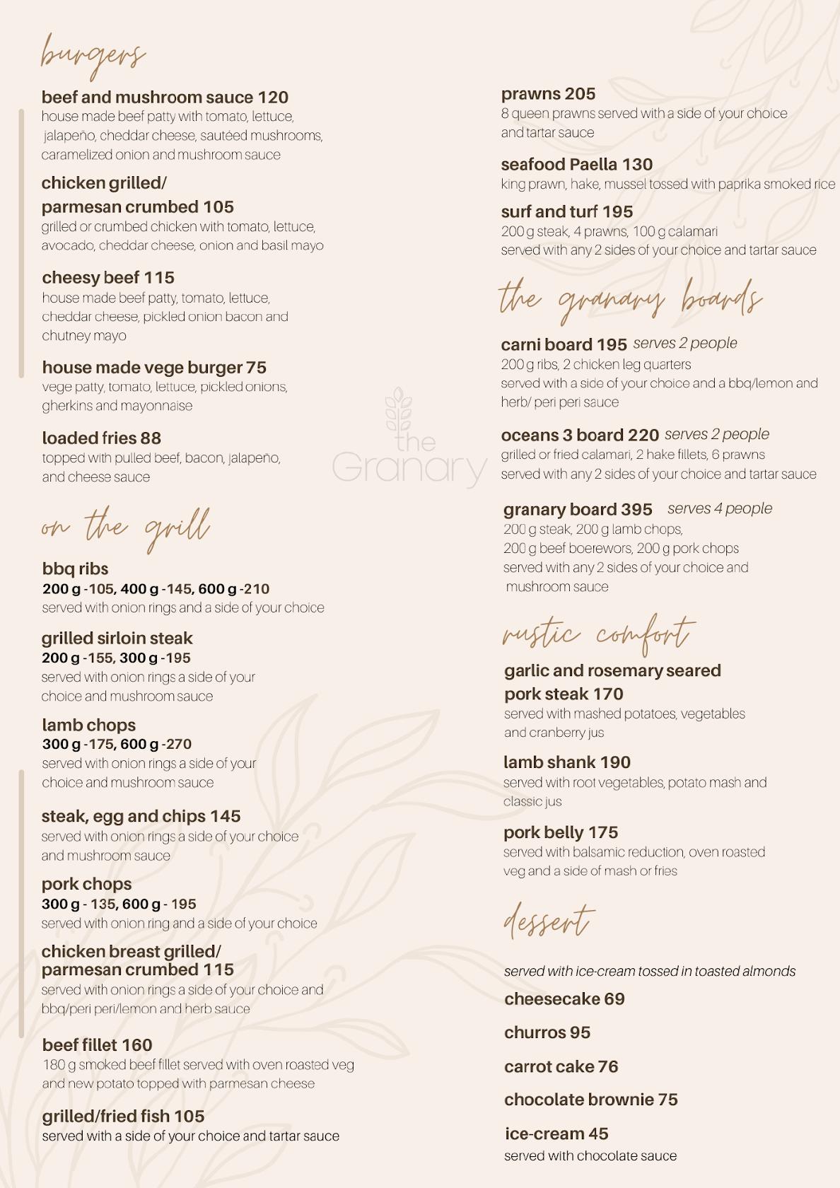 Menu at The Granary restaurant, South Africa