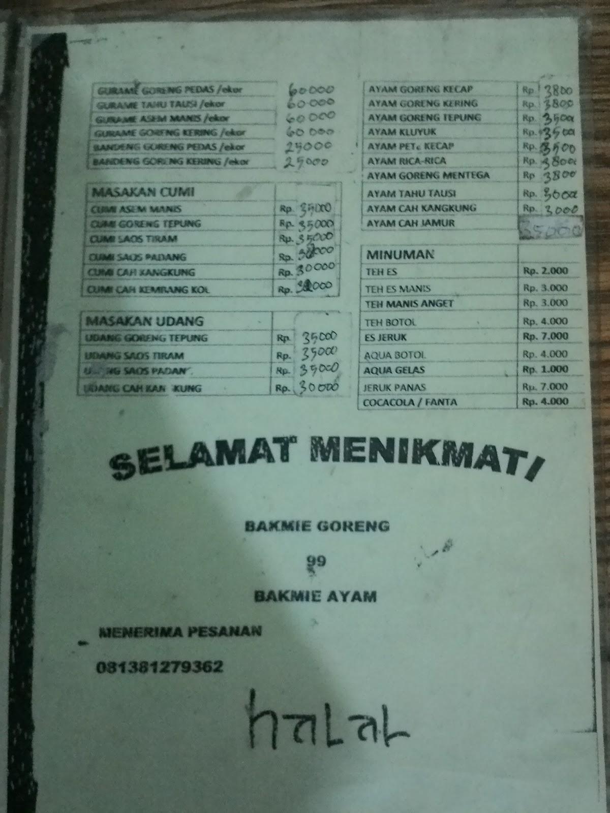 Menu at Bakmie Goreng 99 restaurant, Central Jakarta