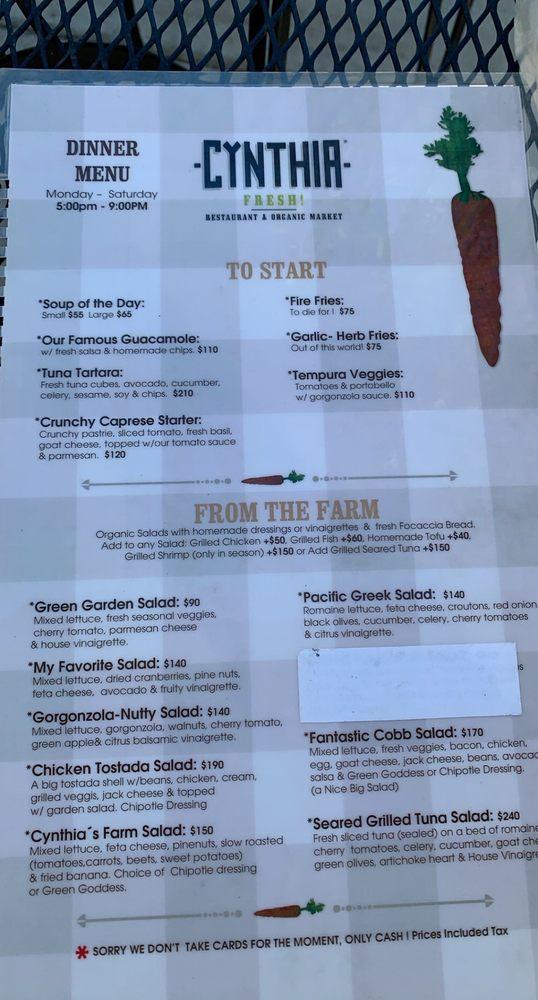 Menu at Cynthia Fresh restaurant, San José del Cabo