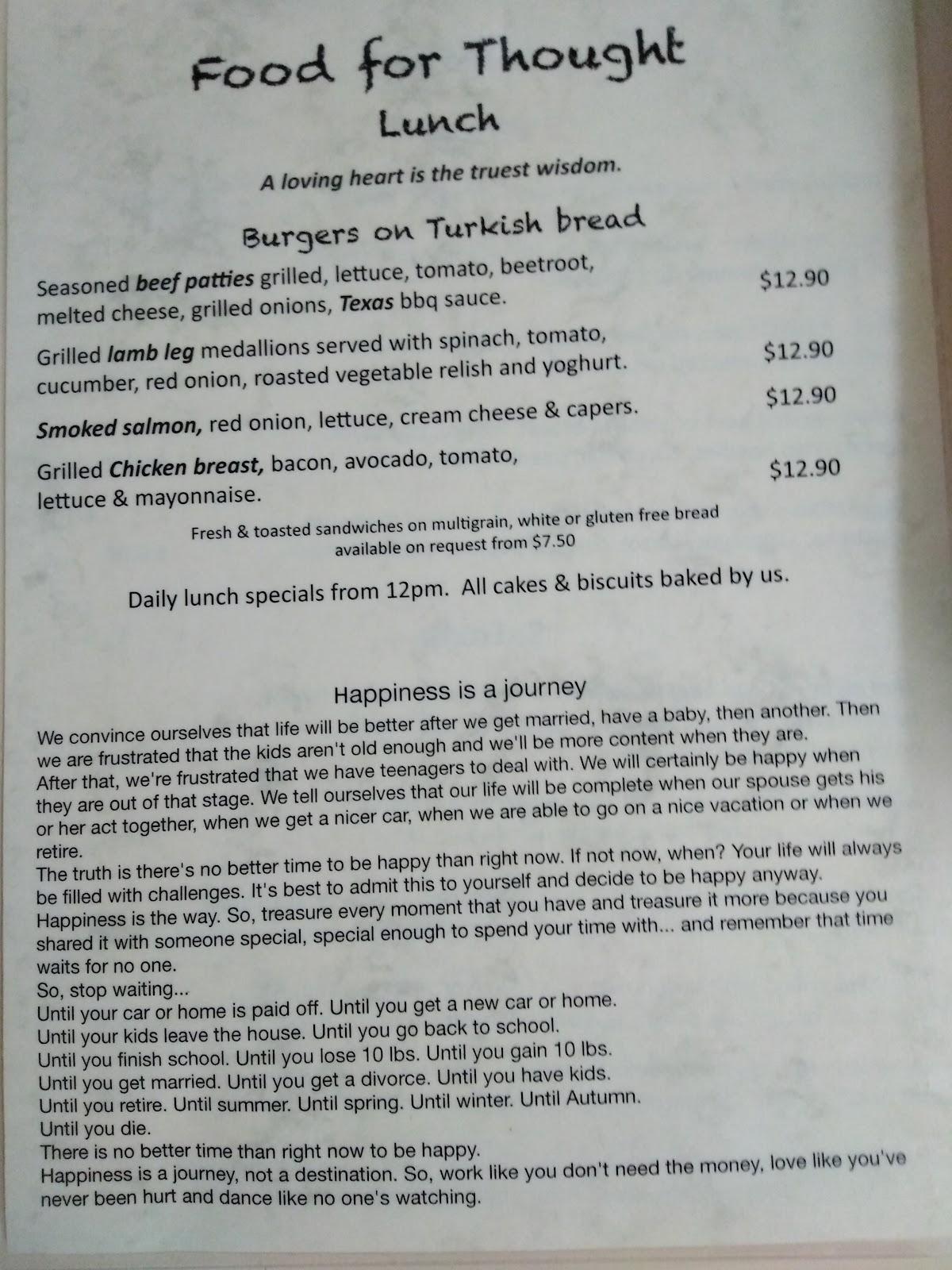 Menu at Food for Thought Cafe, Yeppoon
