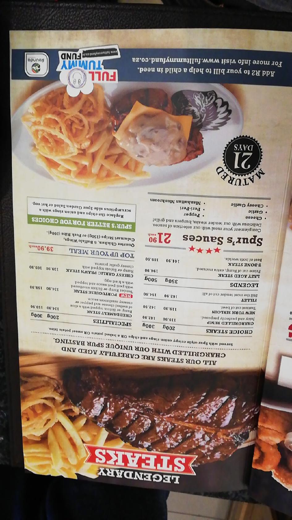 Menu at Misty Falls Spur Steak Ranch restaurant, Howick