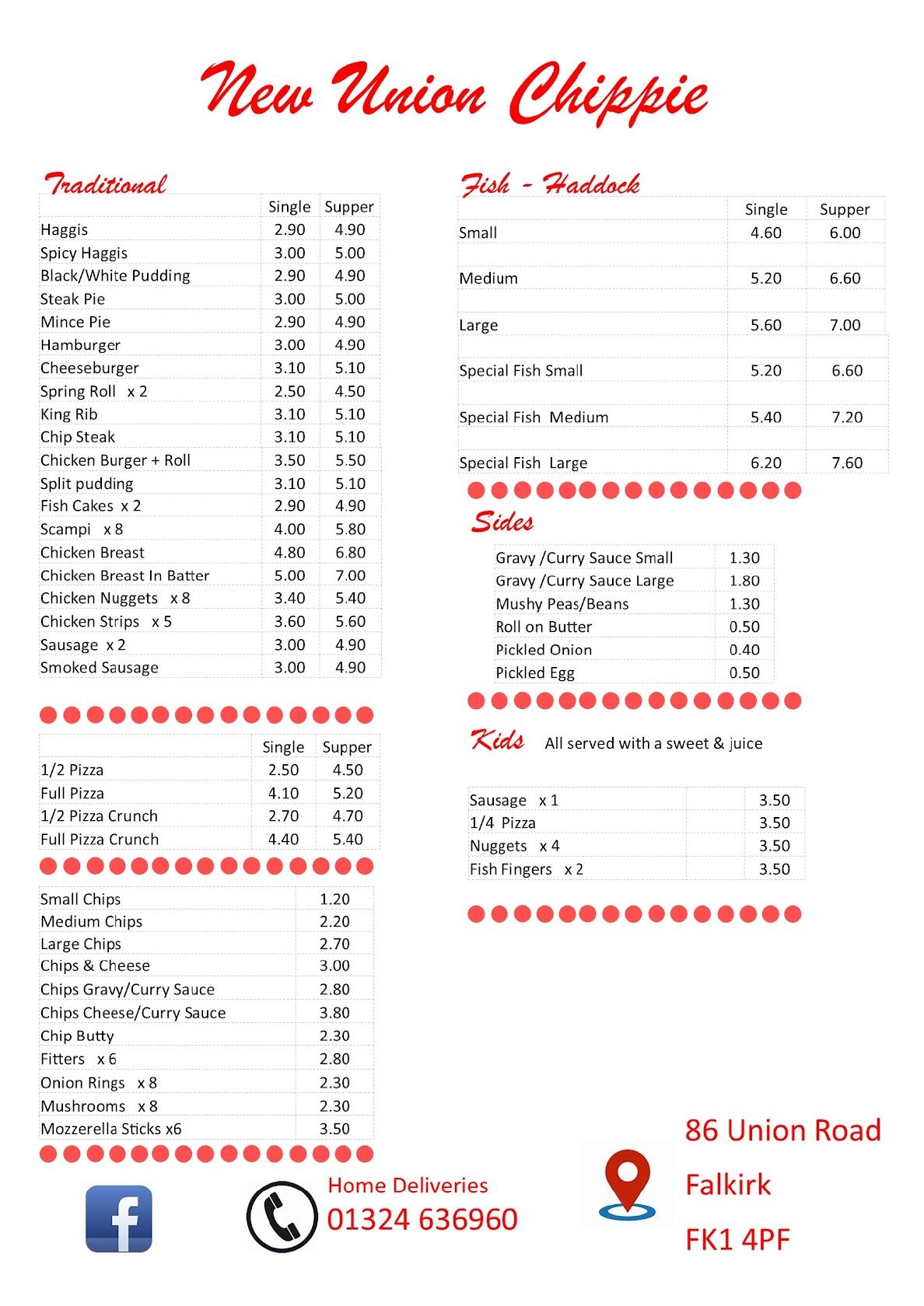 Menu at New Union Chippie fast food, Falkirk