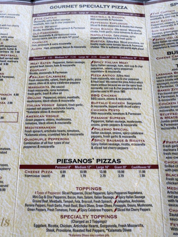 Menu at Piesanos Clermont pizzeria, Clermont